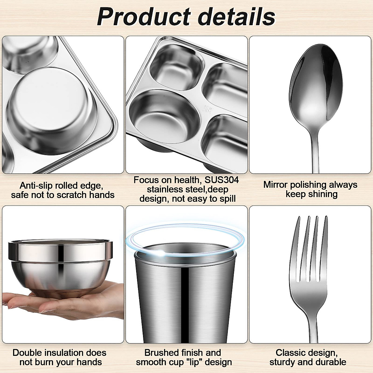 20 Pcs Stainless Steel Dinnerware Set, Including Stainless Steel Rectangular Divided Dinner Tray Spoons and Forks Set Silver Stainless Steel Cups and Stainless Steel Bowl for Home Kitchen Restaurant