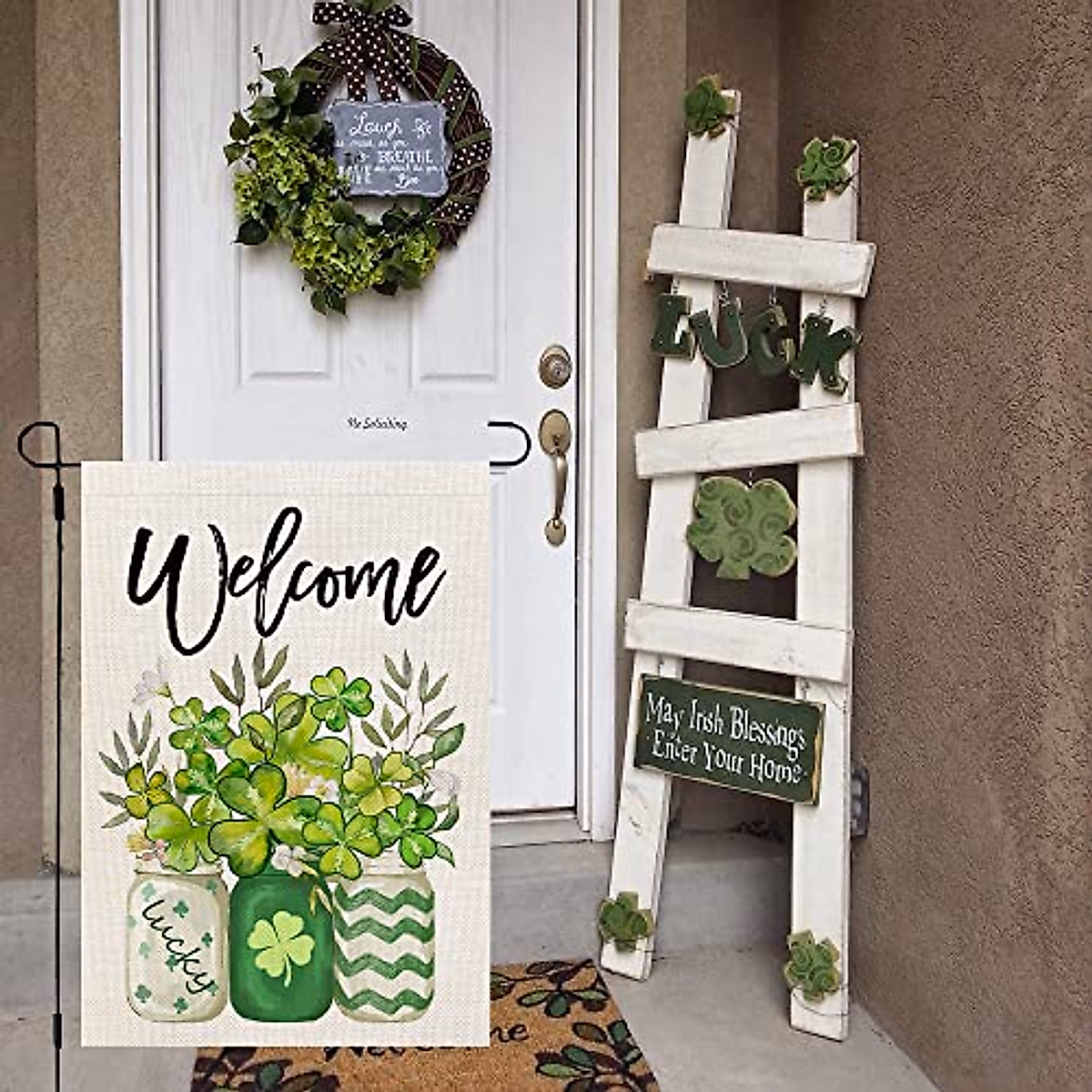CROWNED BEAUTY St Patricks Day Garden Flag 12x18 Inch Double Sided for Outside Small Burlap Green Shamrocks Clovers Lucky Welcome Yard Holiday Flag CF725-12