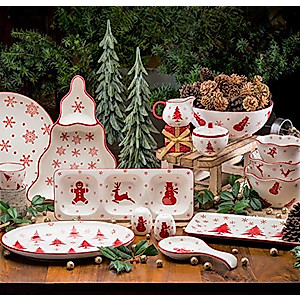 Euro Ceramica Winterfest Collection Festive 16.1" Ceramic 3 Part Divided Appetizer Tray, Hand-Stamped Holiday Design, Red & White
