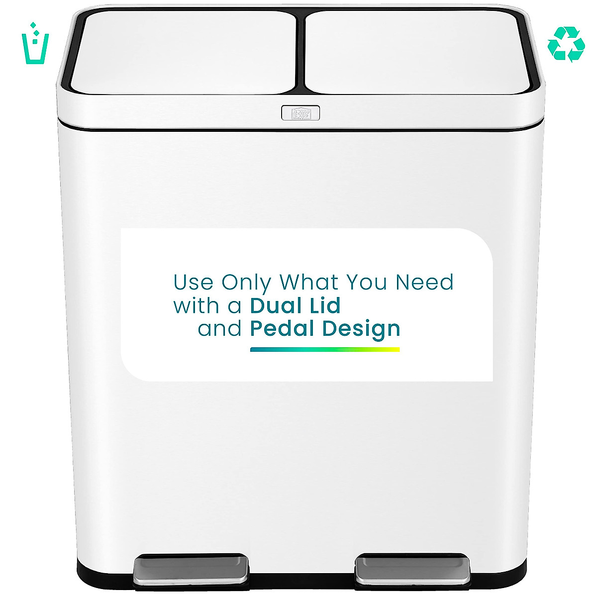 Home Zone Living 15.8 Gallon Kitchen Trash Can, Dual Removable Liners for Recycling and Trash, CleanAura Odor Control, Wide Stainless Steel Shape, Matte White (7.9 + 7.9 for 15.8 Gallon Total)