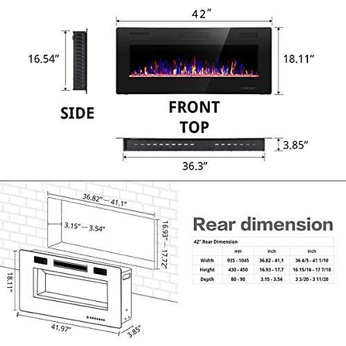 R.W.FLAME 42IN Recessed and Wall Mounted,The Thinnest Fireplace,Low Noise, Fit for 2 x 6 and 2 x 4 Stud, Remote Control with Timer,Touch Screen,Adjustable Flame Color and Speed