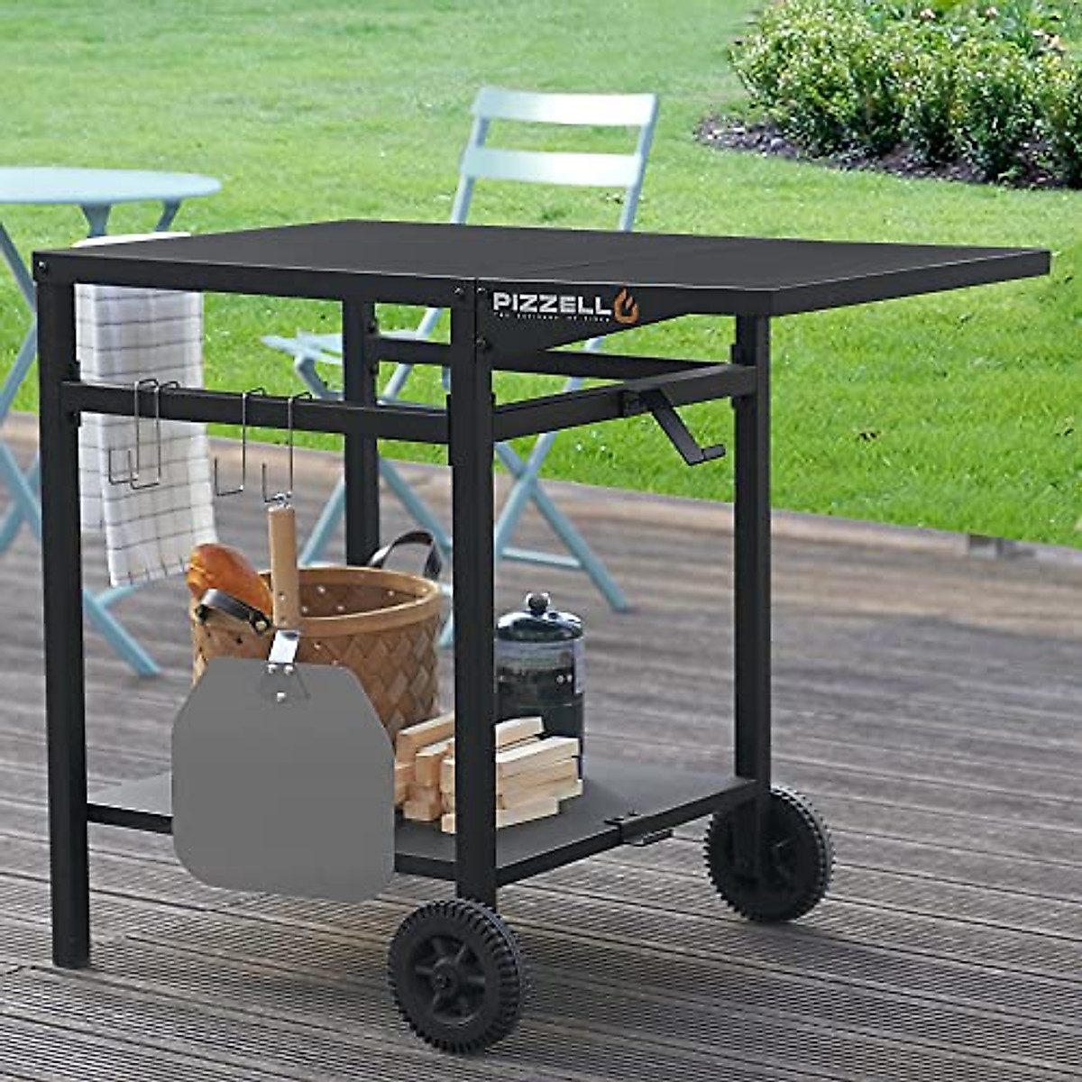 Pizzello Outdoor Grill Cart Double-Shelf Grill Table Foldable Tabletop Movable Food Prep Pizza Carts Outside Kitchen Pizza Oven Stand Trolley with 2 Wheels, Hooks