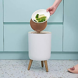Bathroom Trash cans with lids, White Office Trash Bin Plastic Garbage Can with Push Button, Nordic Waste Basket for Bedroom,Living Room,Kitchen,Toilet,Dog Proof Trash can (1.8 Gal Round)