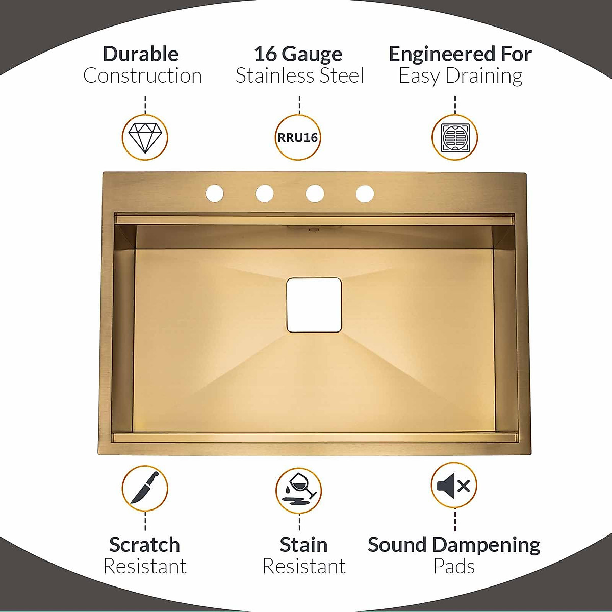 Strictly Sinks 33” Topmount Kitchen Workstation Sink Gold Single Bowl 16 Gauge Stainless Steel Drop In Sink With Scratch, Stain Resistant Colander, Cutting Board, Bottom Grid & Square Disposal Adapter