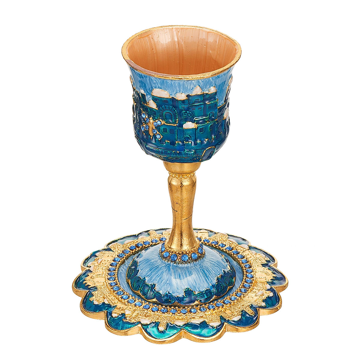 Matashi Hand-Painted Enamel Tall 5" Kiddush Cup Set with Stem and Tray Embellished with Crystals, Jerusalem Cityscape for Weddings Shabbat Havdalah Passover Goblet Judaica Gift