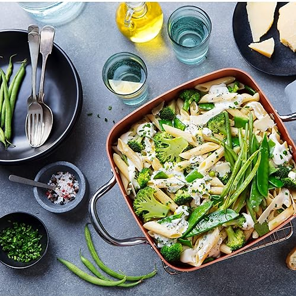 Moss & Stone Copper 6 Piece Set Chef Cookware, Non Stick Pan, Deep Square Pan, Fry Basket, Steamer Tray, Dishwasher & Oven Safe, 5 Quart Copper Pot Set, Copper Induction Cookware Set