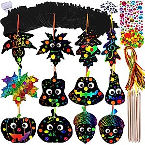 Winlyn 72 Sets Magic Color Art Rainbow Scratch Paper Fall Ornaments Decorations Fall Craft Kits Scratch Art Autumn Maple Leaves Pumkins Acorns for Kids Party Favors Classroom Activity Art Project
