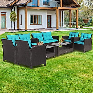 Tangkula 8-Piece Patio Furniture Set, Rattan Wicker Chair Set with 2 Loveseat, 4 Single Sofas, 2 Coffee Table with Tempered Glass Top, Outdoor Furniture Sets for Backyard, Porch, Garden and Poolside