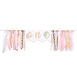 WAHAWU Baby Girl Banner for 1st Birthday - Green Leaf Pink Gold Tan , Rustic High Chair Banner , Boho High Chair Bunting , Photo Decoration Props , Birthday Party Gifts for Girls (Green Leaf pink banner)