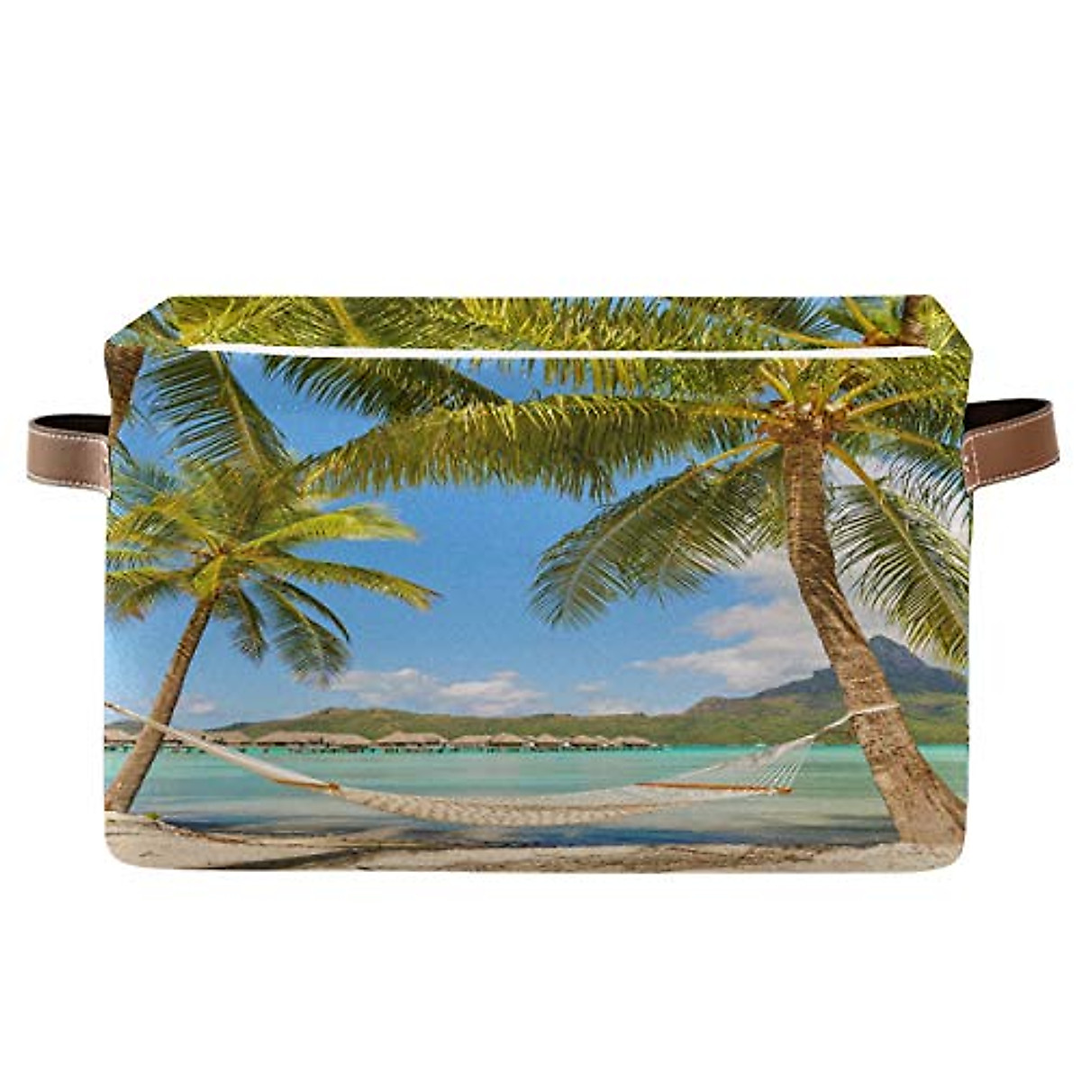 AUUXVA Palm Trees Tropical Beach Sea Storage Basket Large Foldable Storage Organizer Cubes Bins with Leather Handles Sturdy Collapsible Boxes for Shelf Cloth Toy Closet-2 Pack