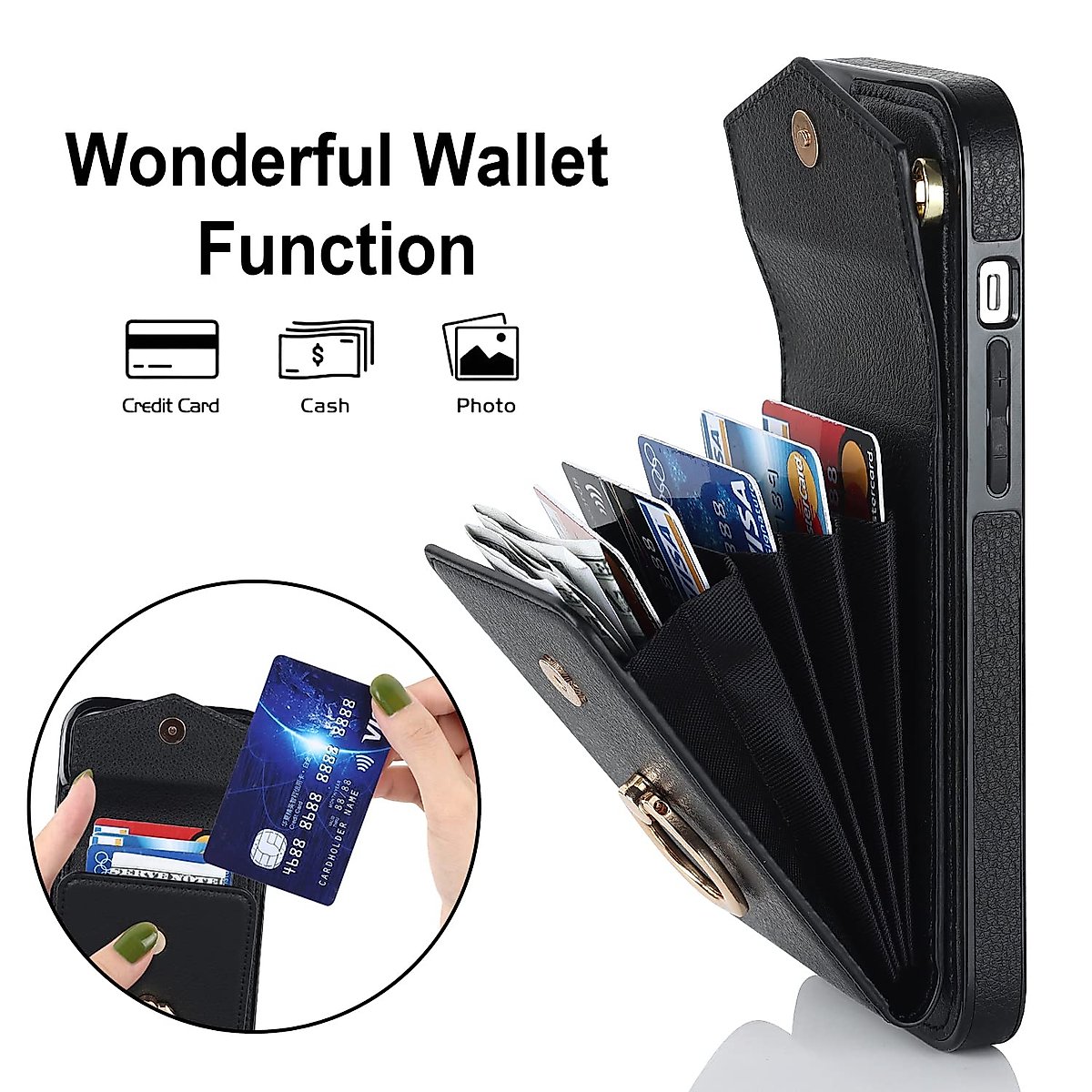 XYAJUANG Phone Case Compatible with iPhone 14 Pro（6.1''），Leather Accordion Folding Wallet &Card Holder with RFID Shielding Material Phone Case ，with Adjustable Ring Holder and Lanyard (Black)
