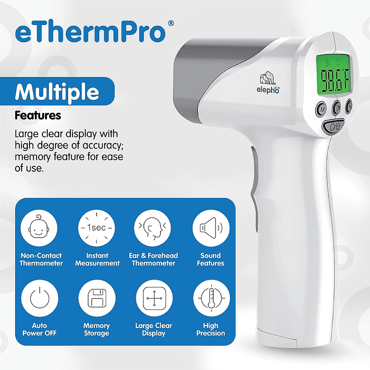 Elepho eTherm Pro Medical Quality Non-Contact IR Forehead Thermometer for Family or Office Use. Instant Body, Object, or Liquid Readings. Large LCD Display. 32 Memory Readings