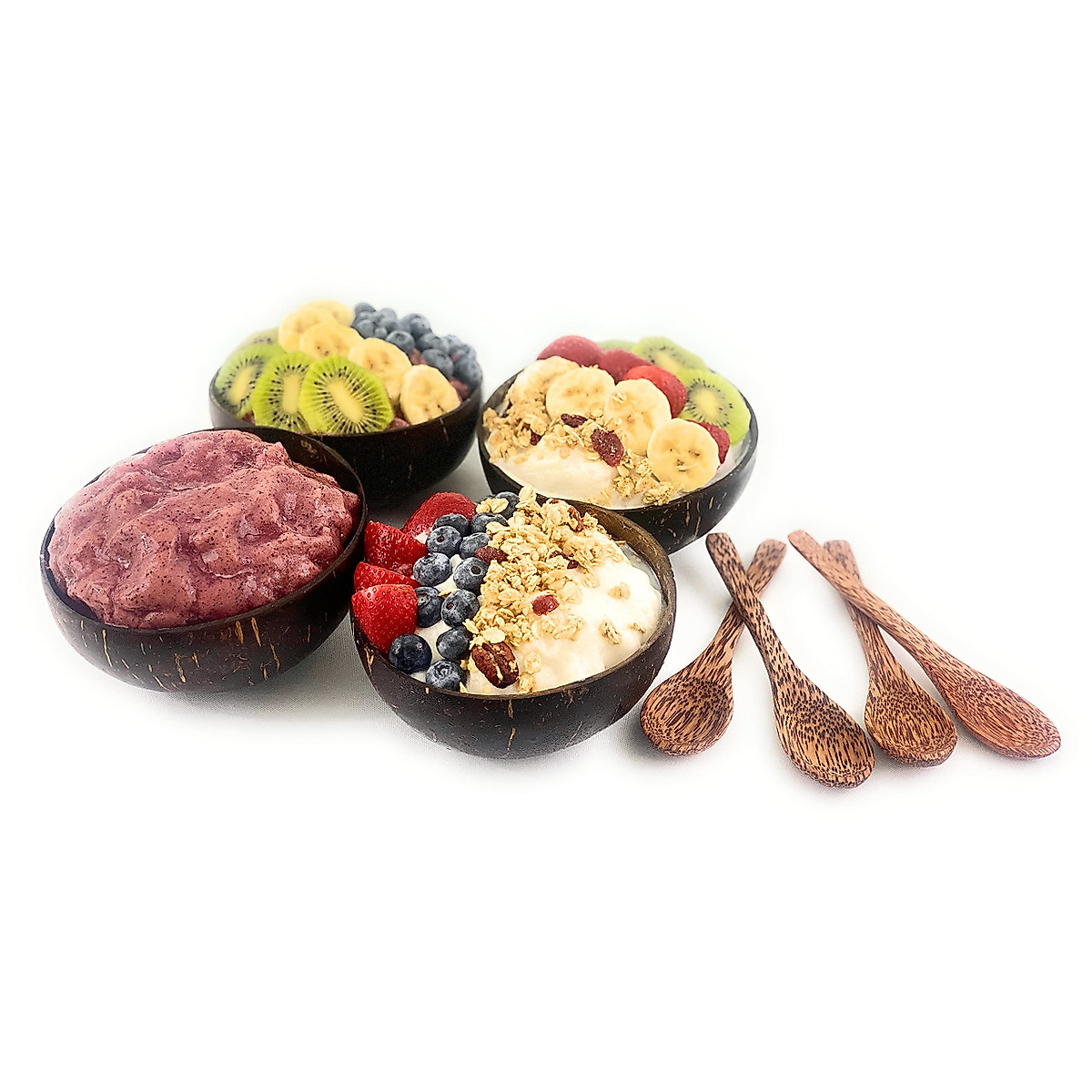 RobinsonTaylor Products 4 Organic Coconut Bowls with Spoons: Set of 4-100% Natural, Vegan, Organic, Eco-Friendly and Plant Polished Coconut Bowls with Wooden Spoons