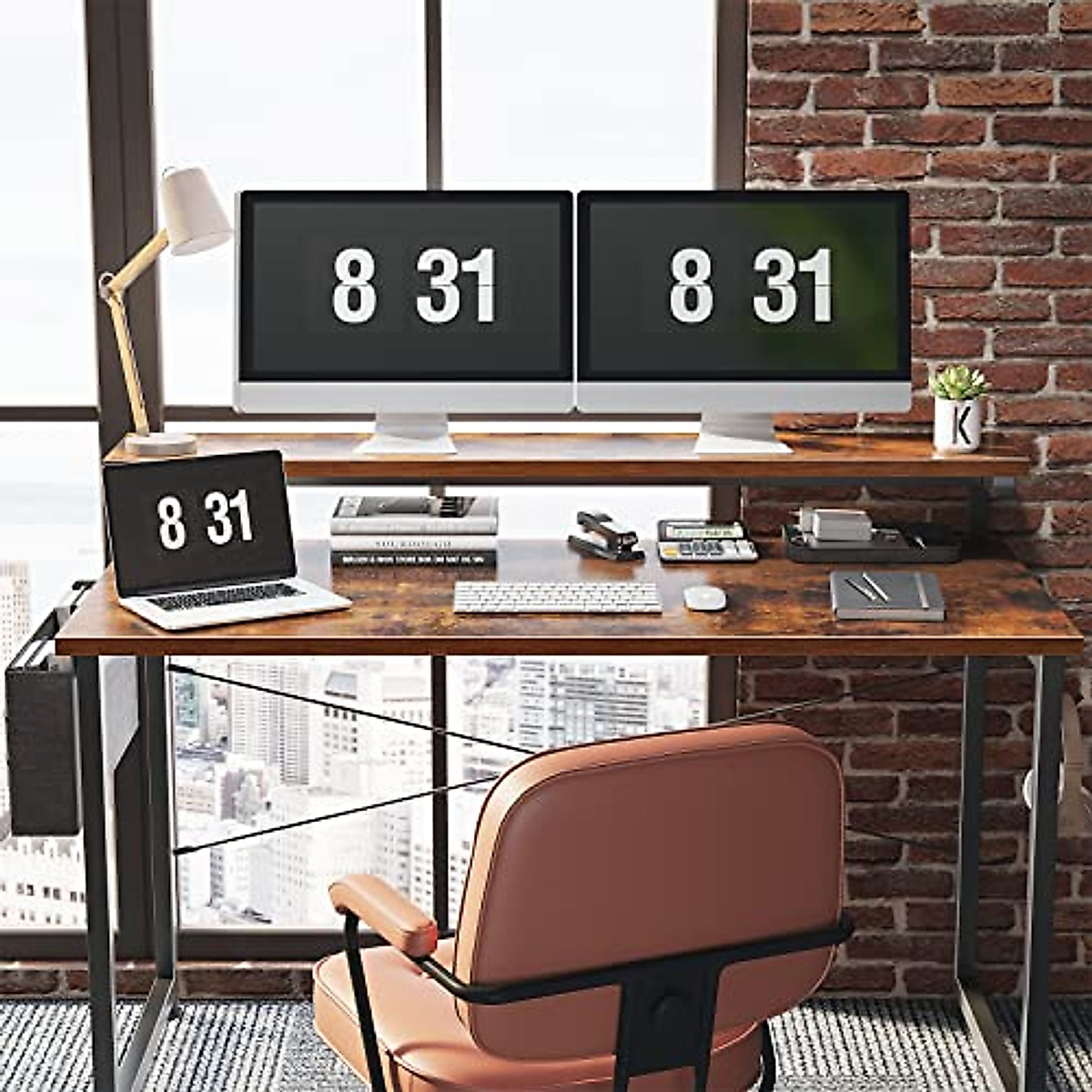 ODK Computer Desk with Adjustable Monitor Shelves, 48 inch Home Office Desk with Monitor Stand, Writing Desk, Study Workstation with 3 Heights (10cm, 13cm, 16cm), Rustic Brown