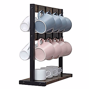 OROPY Vintage Wood Coffee Mug Holder Stand, 2 Tier Countertop Mug Tree Holder Rack for Coffee Mugs Cups, Dark Brown (Double Side,16 Hooks)