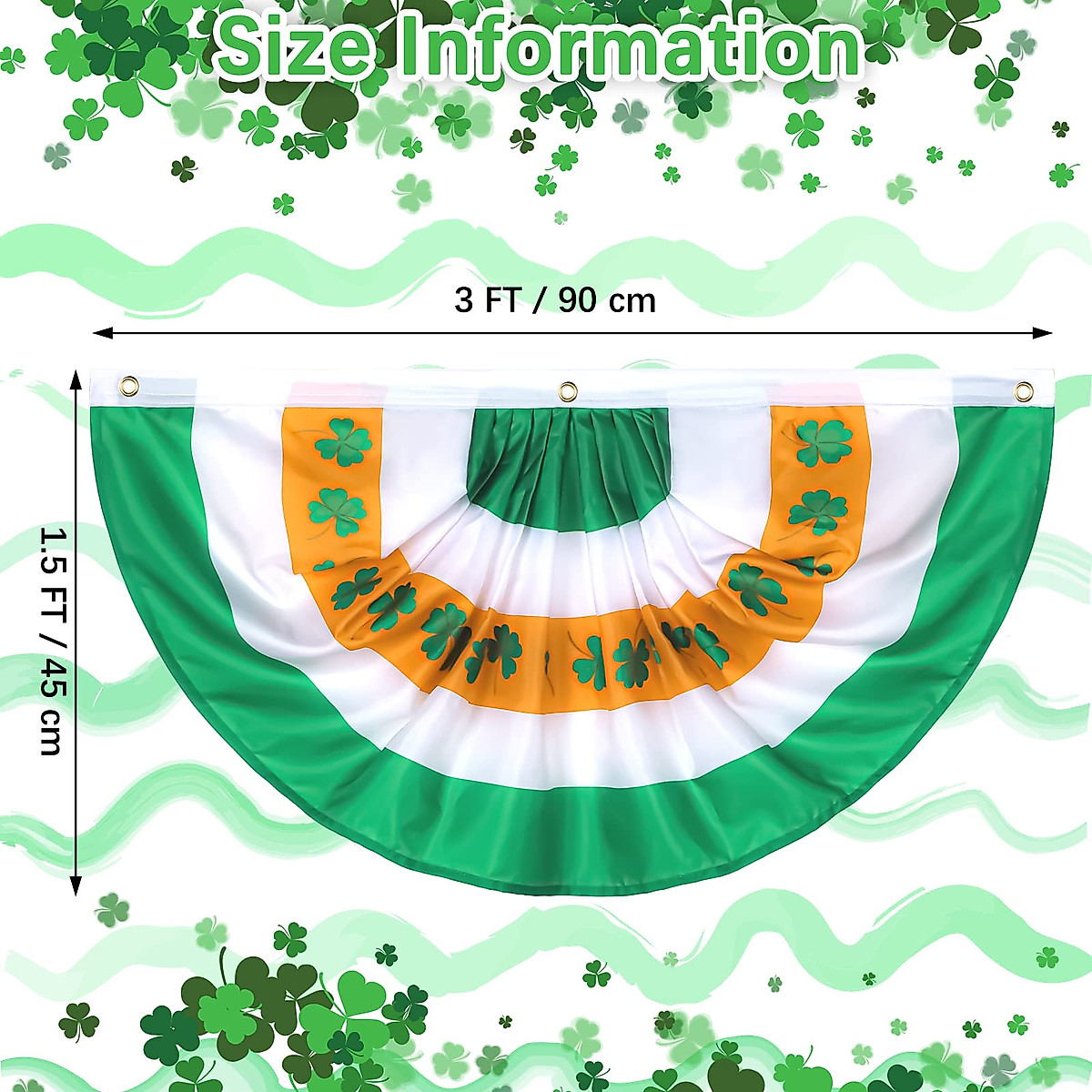 8 Pcs Shamrock Outdoor Flag St Patrick Banner Flag 3 x 1.5 Feet Irish Flag Bunting Half Fan Ireland Shamrock Flag Printed Polyester Pleated Fan Flag with Grommet for Indoor Outdoor Decorations
