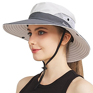 NPQQUAN Ponytail Sun Bucket Hat for Women Men Wide Brim UPF 50+ Fishing & Beach Hats Beige/Grey