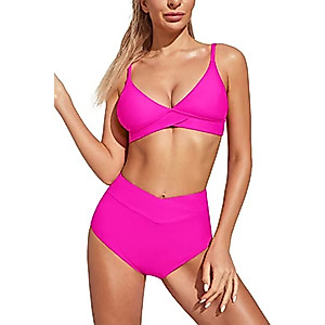 Ewedoos High Waisted Bikini Sets for Women V Neck Two Piece Swimsuit for Women Bathing Suit for Women 2 Piece Bikini Hot Pink