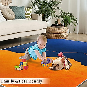 Navy Blue and Orange Irregular Splicing Area Rug, Modern Fashion Creative 5' x 3.3' Rugs, Low Pile Washable Non Slip Indoor Carpet for Living Room Bedroom Entryway Hallway Study Room Home Decor