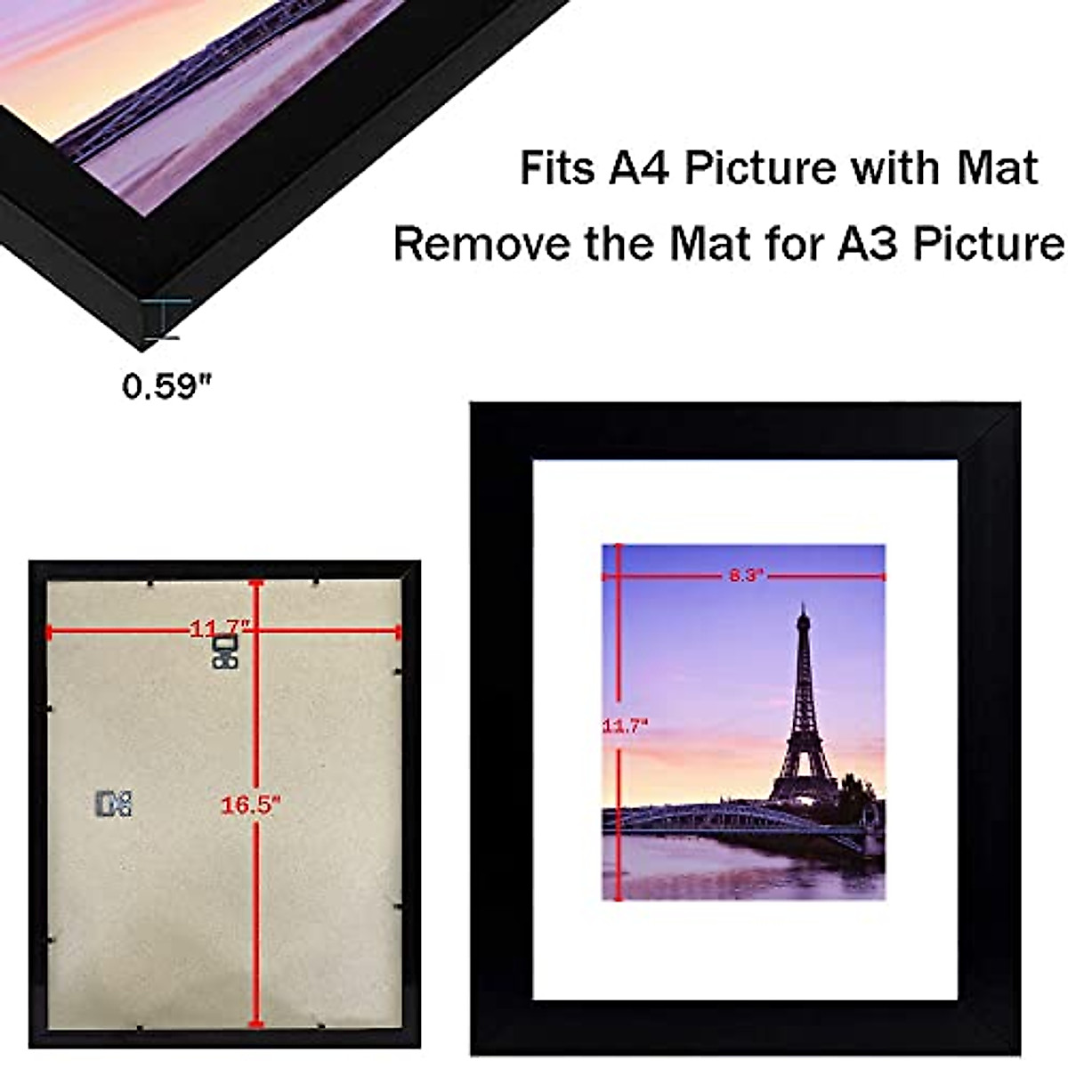 RUN HELIX A3 Frame 2 Pack Solid Wood Picture Frame, Display Pictures A4 with Mat or 11.7x16.5 Inch Without Mat, with High Definition Plexiglass, Horizontal and Vertical Formats for Wall