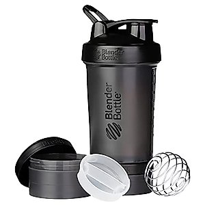 BlenderBottle Shaker Bottle with Pill Organizer and Storage for Protein Powder, ProStak System, 22-Ounce, Black