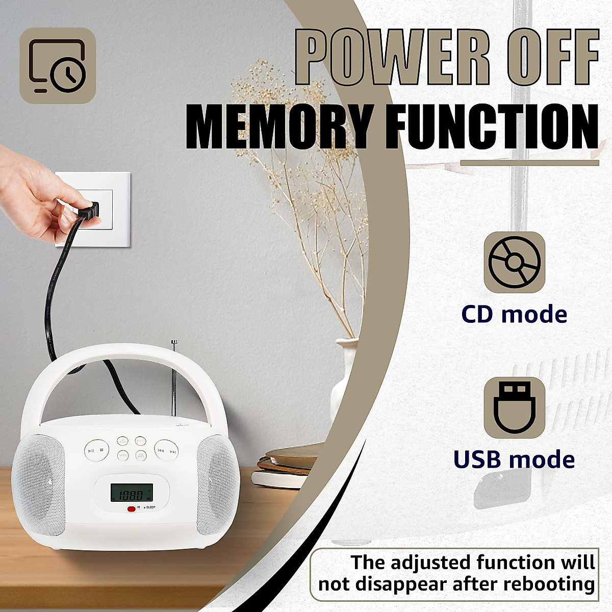 Retekess TR636 Boombox CD Player, CD Boombox AM FM Radio, Bluetooth, Remote Control, USB, AUX, LCD Display, AC or Battery Powered, Stereo System for Home