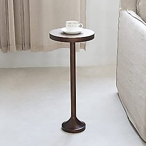 COZAYH Small Pedestal End Table, Metal Base Side Table, Drinking Table with Scratching Distressed Finish, Light Espresso, Brown Desktop (BY-TB0009)