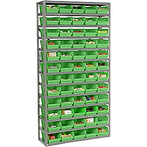 Global Industrial 13 Shelf Steel Shelving with (60) 4" H Plastic Shelf Bins, Green, 36x12x72