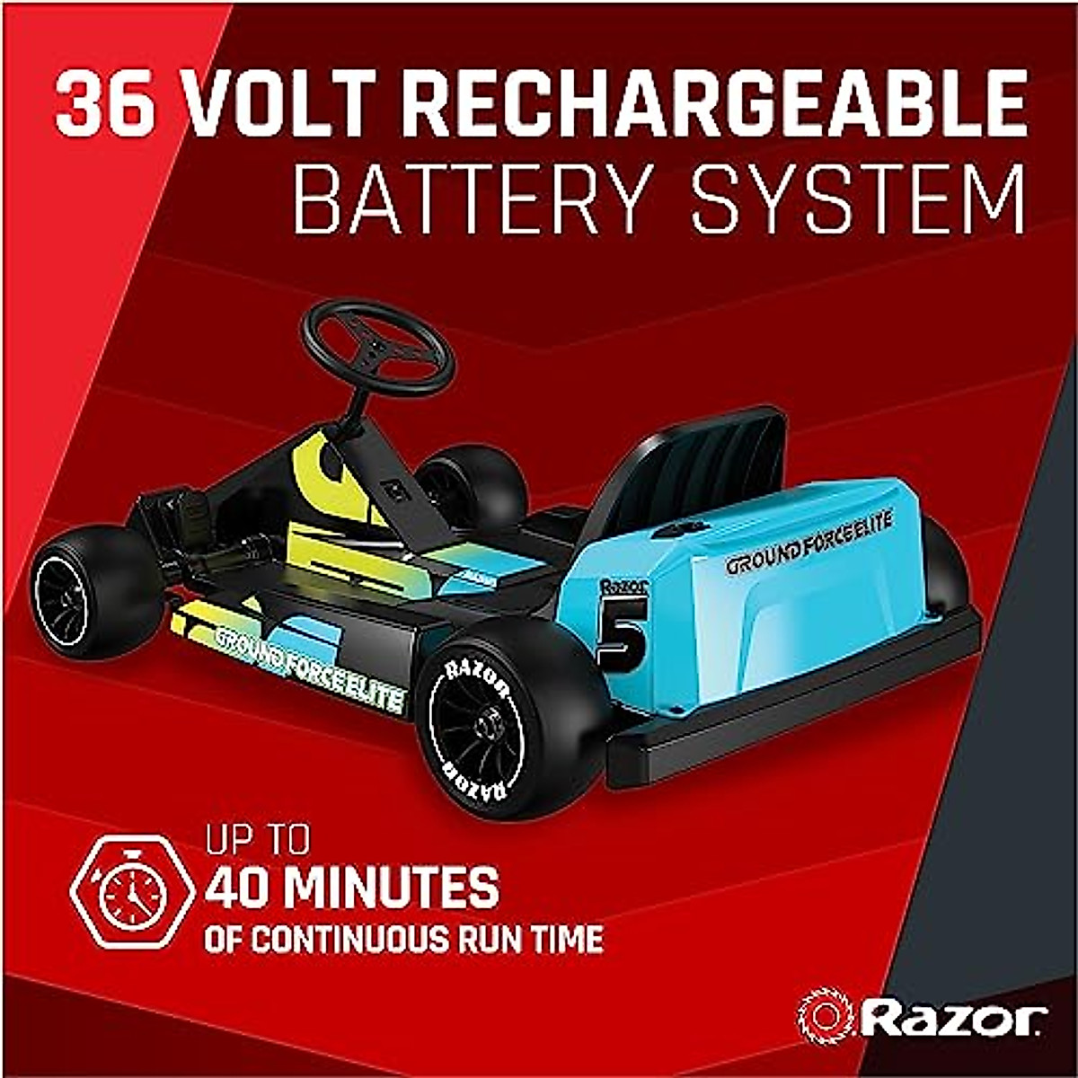 Razor Ground Force Elite-Electric Go-Kart for Ages 13+, Up to 14 MPH, Up to 40 Minutes of Continuous Use, 350-watt Chain-Driven Motor, Forward/Reverse Drive Switch, 36V Rechargeable Battery,Black, Large