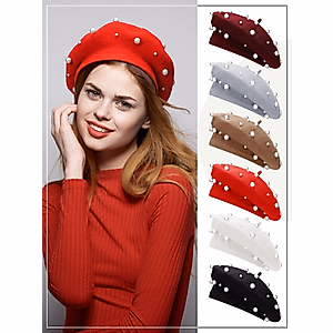 Vabean Wool Berets Pearl Beaded Beret Cap Beanie French Beret Hats for Women Sweet Elegant Starry Pearl Hat(Chic Color,6 Pcs)
