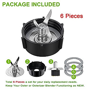 For Oster Blender Replacement Parts with Gasket 6 Pieces for Oster Blender Ice Blade, Black 4961 and Jar Base Bottom 4902 Compatible with Aspas Para Licuadora Oster and Osterizer Classic Blender Parts