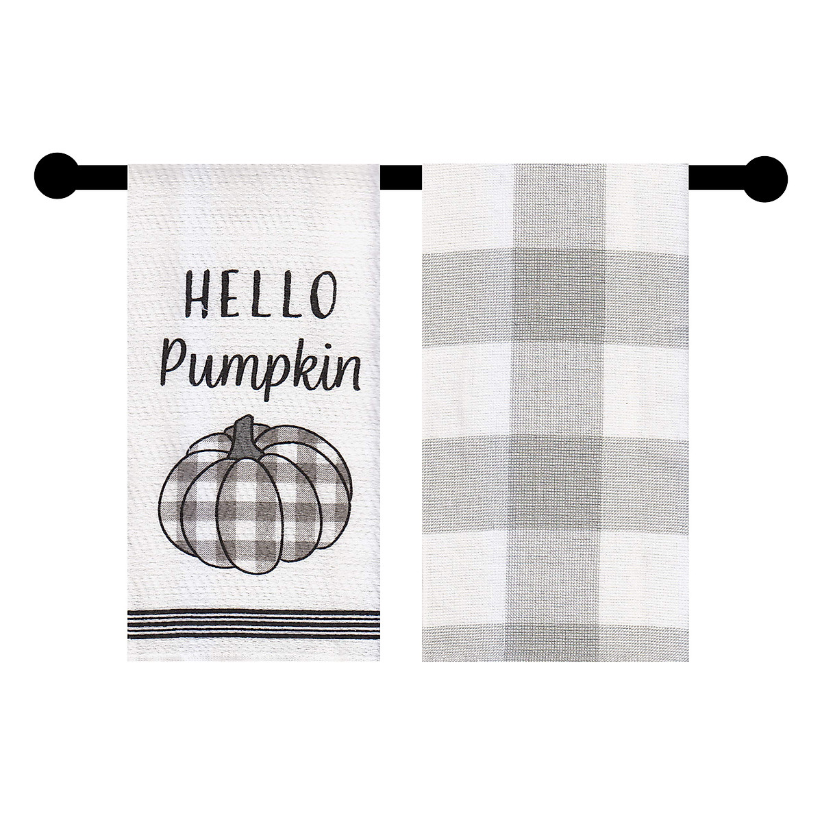 Mainstream Hello Pumpkin Kitchen Hand Towels, Grey and White Checked Buffalo Plaid, Set of 2 Coordinating Cotton Dishtowels for Fall and Thanksgiving Decorating, 16 x 26 inches