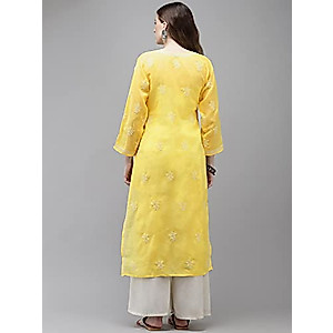 Ada Indian Hand Embroidered Chikankari Women's Cotton Straight Tunic Kurti Kurta A411345 (Yellow, 5XL)