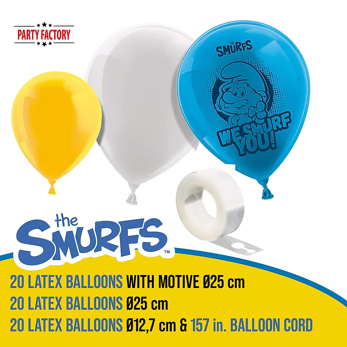 Party Factory `Smurfs' balloon garland of 60 white, blue and yellow latex balloons, 9.8 and 4.7 inch, 157.4 inch balloon ribbon included