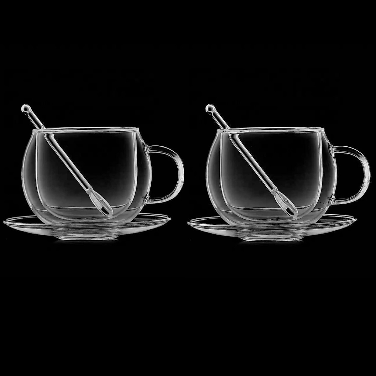 Double Wall Glass Coffee/Tea Mugs with Handle, Saucer and Glass Stirring Spoon- 8.7oz - Set of 2 - The Perfect Coffee/Tea Cups Affogato Cup