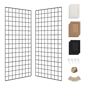 Wall Photo Grid Shelf, Wall Hanging Ins Art Display Grid Panel for Decor & Storage, Metal Wire Notice Boards & Memo Board, Mesh Tool Organiser, Wall Photo Frame 2 Pcs (Black, 15.7 x 31.5 inches)