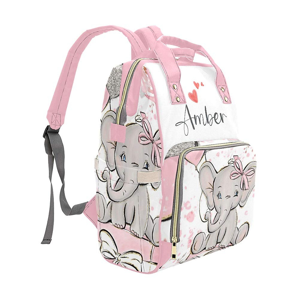 Anneunique Cute Elephant Pink Flowers Diaper Bags Backpack with Name Personalized Baby Bag Nursing Nappy Bag Travel Tote Bag Gifts for Mom Girl, 10.83 x 6.69 x 15 Inch
