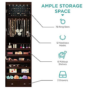 Best Choice Products 6-Tier Full Length Standing Mirrored Lockable Jewelry Storage Organizer Cabinet Armoire w/ 6 LED Interior Lights, 3 Angle Adjustments, Velvet Lining, Espresso