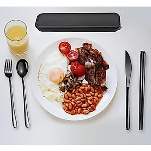 AARAINBOW 6 Pieces 18/8 Stainless Steel Flatware Set Portable Reusable Cutlery Set Travel Utensils Set Including Chopsticks Knife Fork Spoon Straws Cleaning Brush Dishwasher Safe (Black)