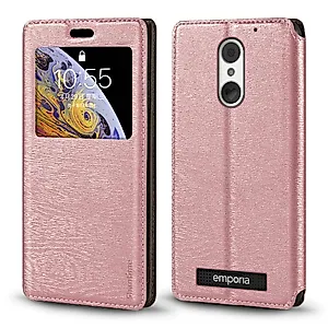 for Emporia Smart 4 Case, Wood Grain Leather Case with Card Holder and Window, Magnetic Flip Cover for Emporia Smart 4 (4.95”) Rose Gold