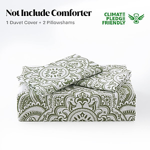 CozyQQ Cotton Duvet Cover Queen - 100% Cotton 400TC Soft Prewashed Light Green Summer Queen Duvet Cover Set with Zipper, 3 Pcs Floral Damask Paisley Queen Bedding Set (90x90, No Comforter)