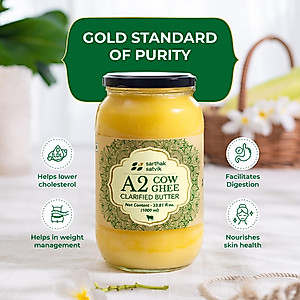 Sarthak Satvik A2 Cow's Ghee | Free Grazing Pure Desi Cow | Using Traditional Bilona Method | Helps in Building Bone Strength & Improves Stamina | Organic and Natural Immunity Booster - 33 Oz