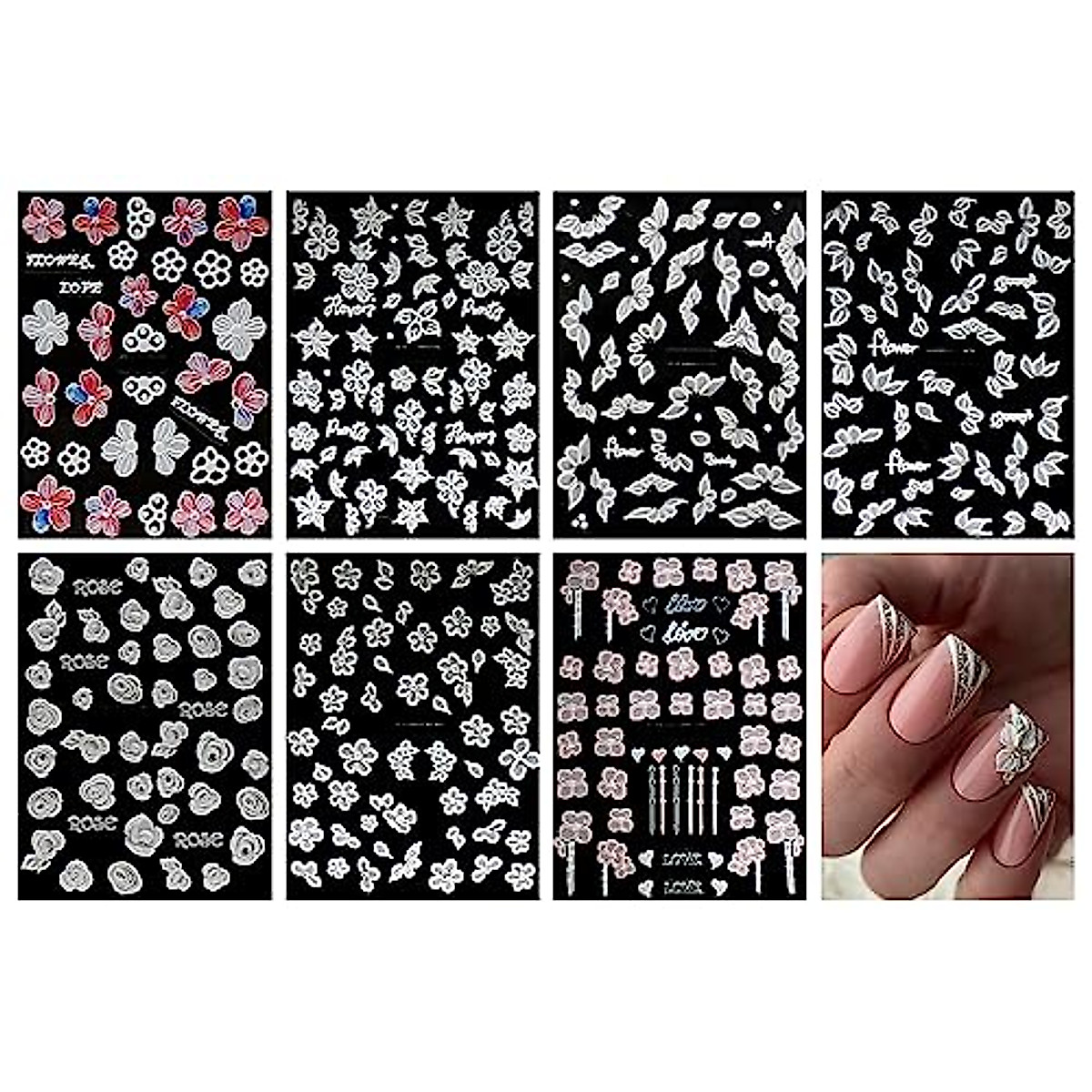 JMEOWIO 7 Sheets 3D Embossed Flower Nail Art Stickers Decals Self-Adhesive Pegatinas Uñas 5D Spring Summer Floral Nail Supplies Nail Art Design Decoration Accessories