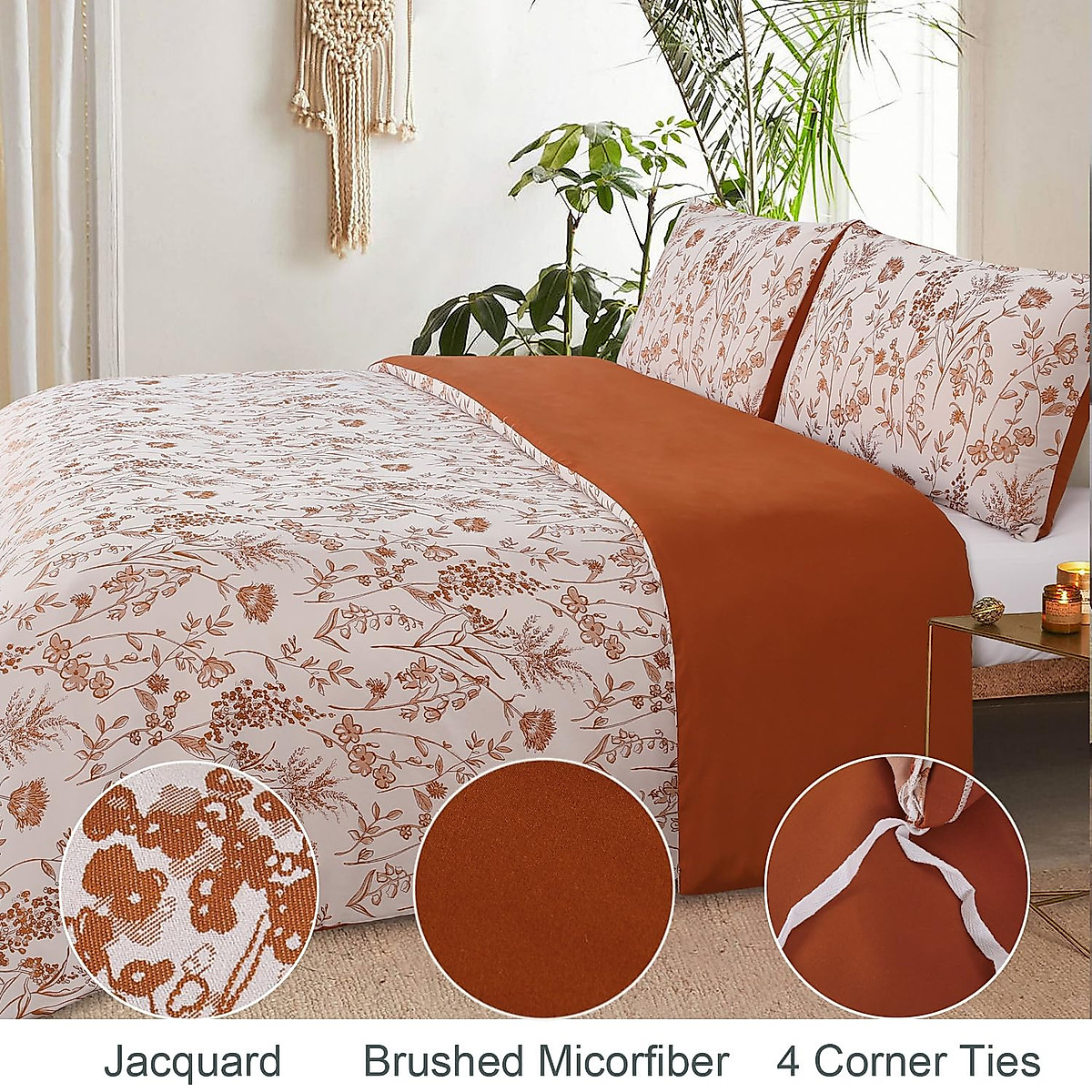 YINFUNG Flower Duvet Cover Fall Floral Embroidered Burnt Orange Terracotta Rust White Queen Spring Wildflower Botanical Jacquard Textured 3 Pieces Autumn Bedding Set Country