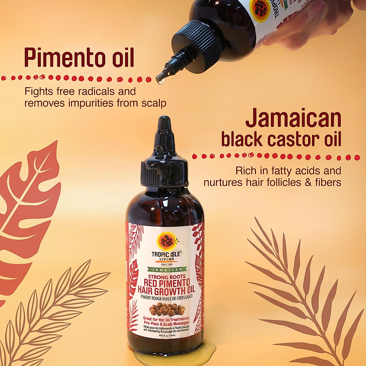 Tropical Isle Living Strong Roots Red Pimento Hair Growth Oil 4oz - Natural Moisturizing Treatment for Itchy, Dry Scalp and Promote Hair Growth, Prevent Dundruffs with Jamaican Black Castor Oil