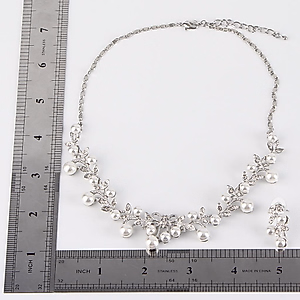 EVER FAITH Women's 1920s Vintage Victorian Jewelry, White Simulated Pearl Vine Leaf Bowknot Wedding Bridal Necklace Earrings Set for Bride, Bridesmaids Silver-Tone