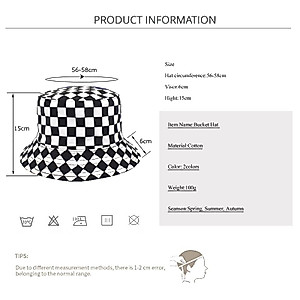 Unisex Bucket Hat Black Checkered Print Double-Side-Wear Reversible White Sun Hat for Women Men,Black Packable Fisherman Hat for Teen, Summer Vacation Travel Beach Outdoor Wide Brim Cap