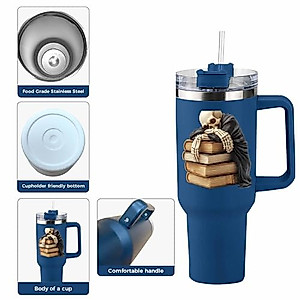 LB LEOBON 40 ounce insulated cup with handle, double-layer vacuum stainless steel material, equipped with straw, can keep warm or maintain cold drinks Skeletons Sleeping Books 2 Light pink