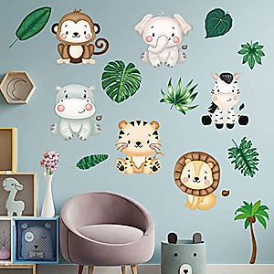 9 Sheets Baby Safari Animals Wall Stickers Jungle Animals Wall Decals Baby Wall Decor Elephant Zebra Giraffe Hippo Lion Leaf Nursery Decals Peel and Stick Wall Art Decals for Kids Room Nursery Decor