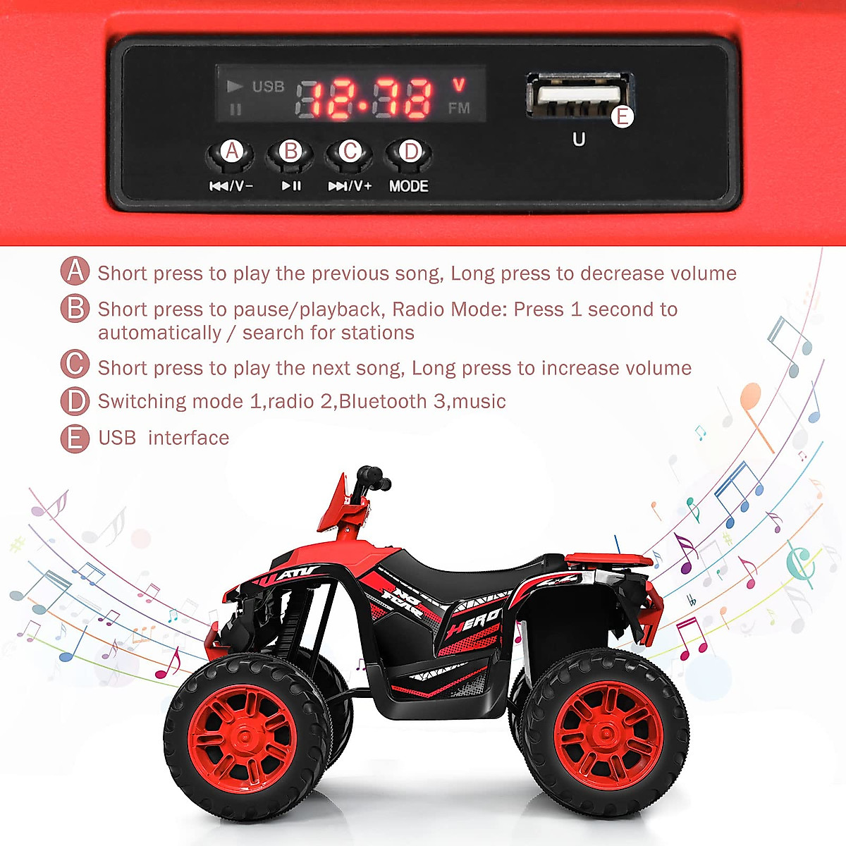 OLAKIDS 12V Kids Ride On ATV, 4 Wheeler Electric Vehicle for Toddlers, Battery Powered Motorized Quad Toy Car for Boys Girls with LED Lights, Music, Horn, High Low Speed, Soft Start (Red)